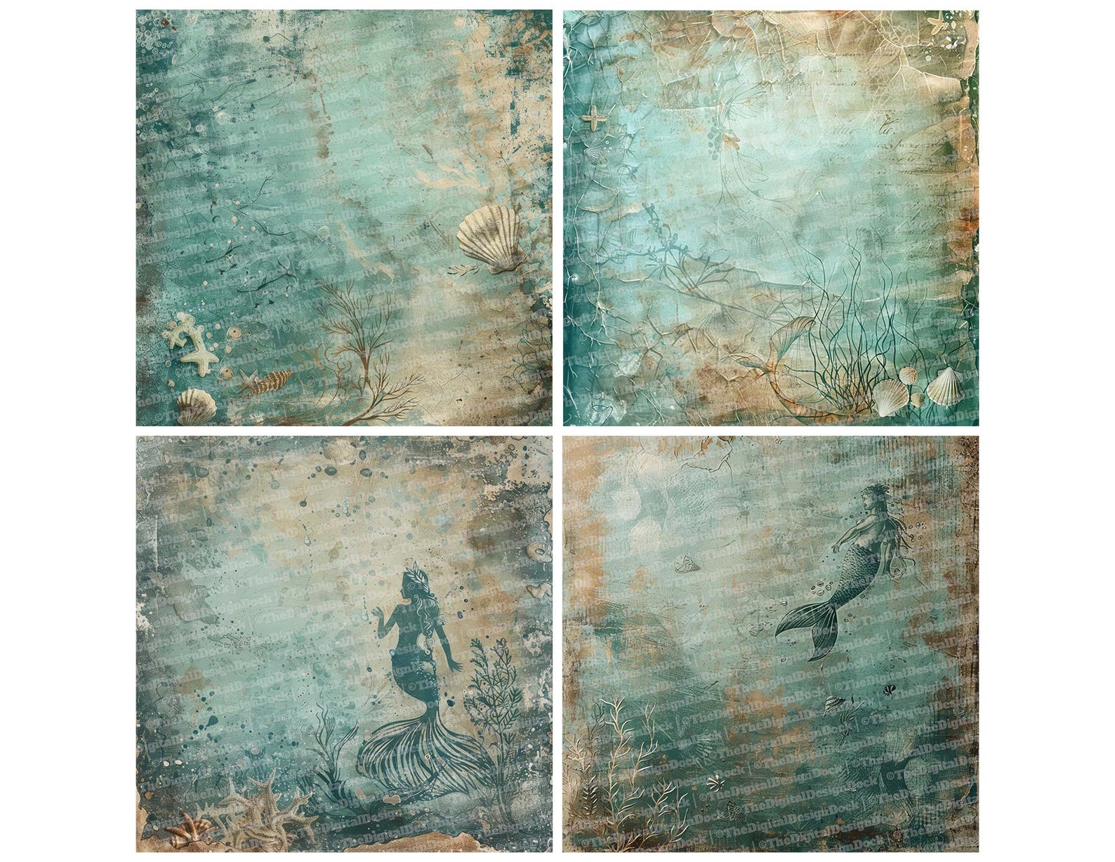 12x Vintage Mermaid Junk Journal Paper, Distressed Nautical Digital ...