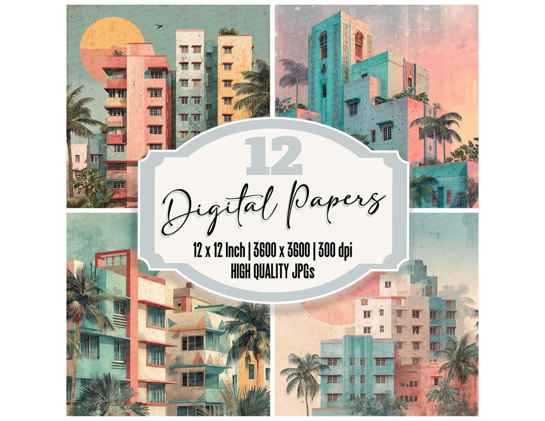 12x Miami Deco Junk Journal Paper Retro Sunset Cityscape Digital Paper ...