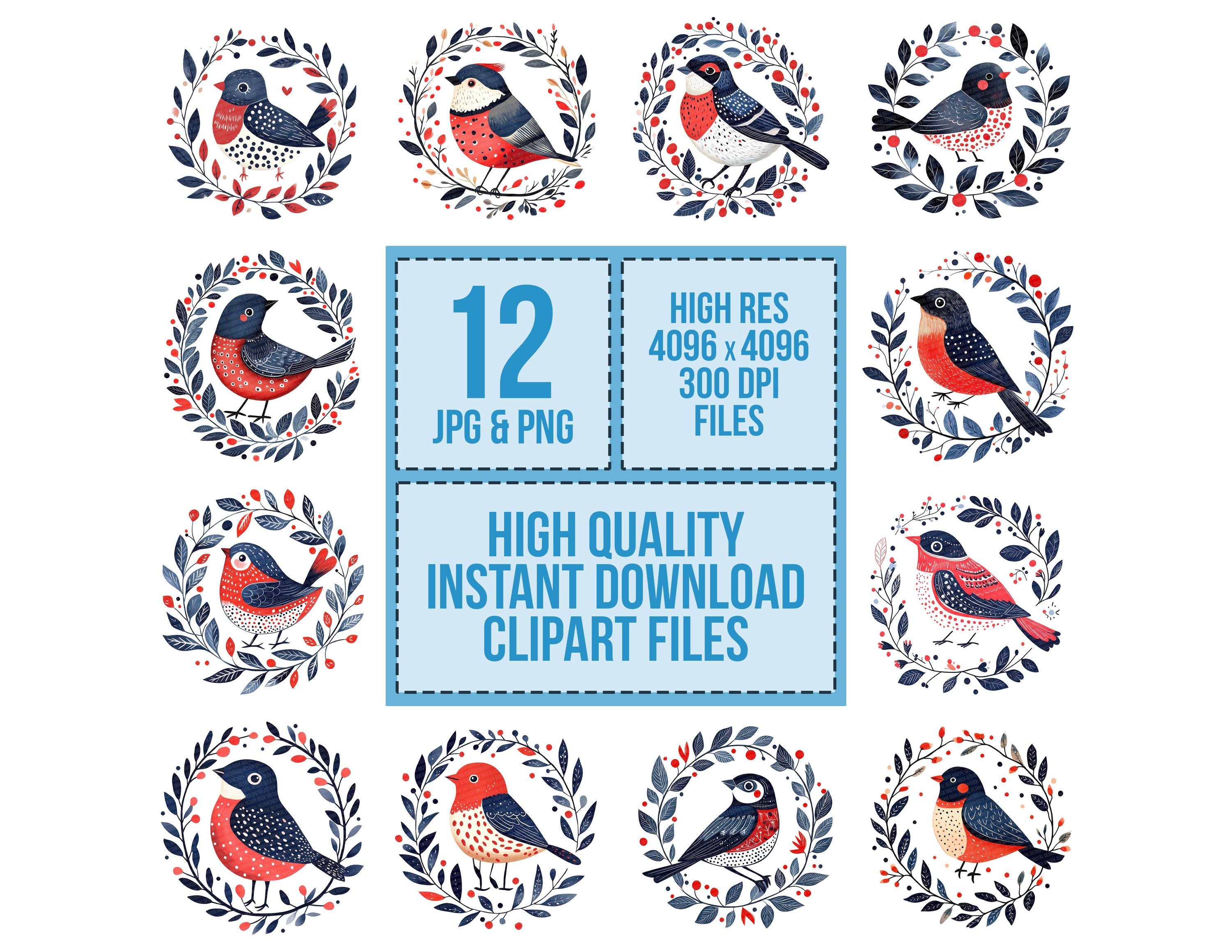 Folk Bird PNG Clipart, 12x Birds in Leaf Ring Clip Art Set, Printable ...