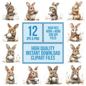 Winter Bunny PNG Clipart, 12x Cute Snowball Rabbit Clip Art Set ...
