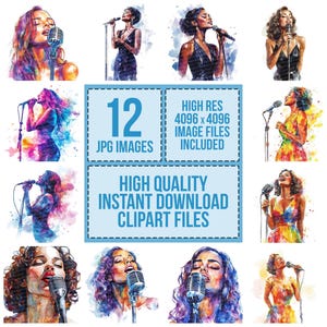 Singer Clip Art, 12x Watercolor Woman Singing Clipart Set, Printable ...