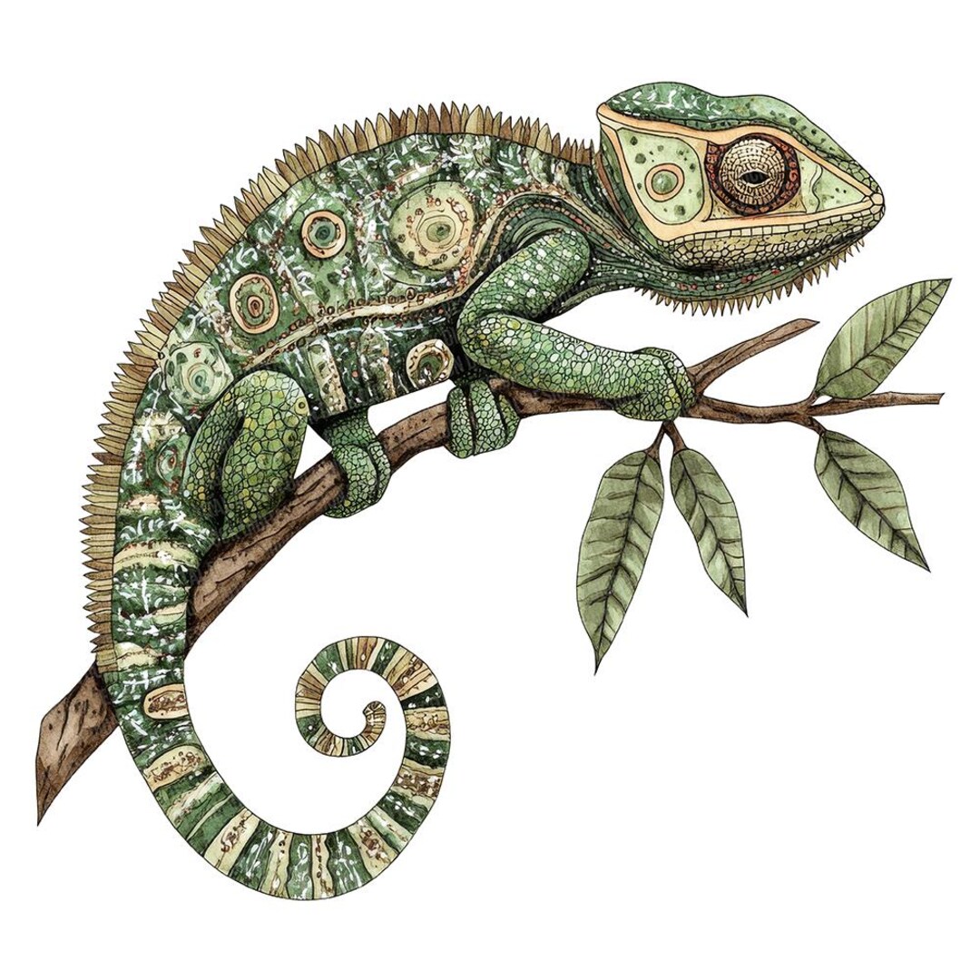 12 Chameleon Watercolor PNG Clipart, Folk Art Reptile Clip Art Set ...