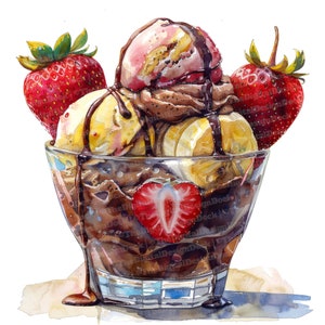 12 Banana Split Ice Cream Clipart, Watercolor Sundae Dessert Clipart ...