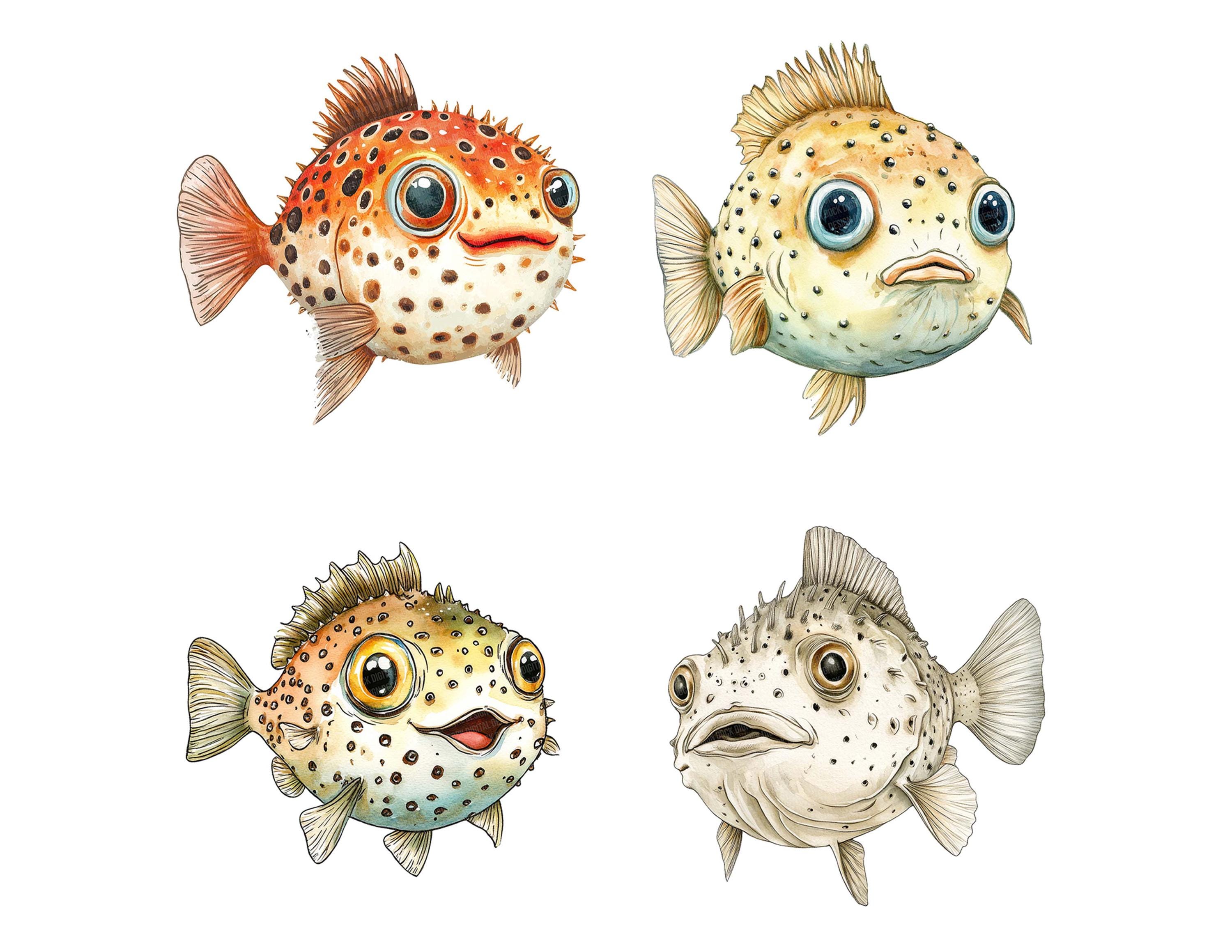 Pufferfish PNG Clipart, 12x Watercolor Fish Illustration Set, Ocean ...