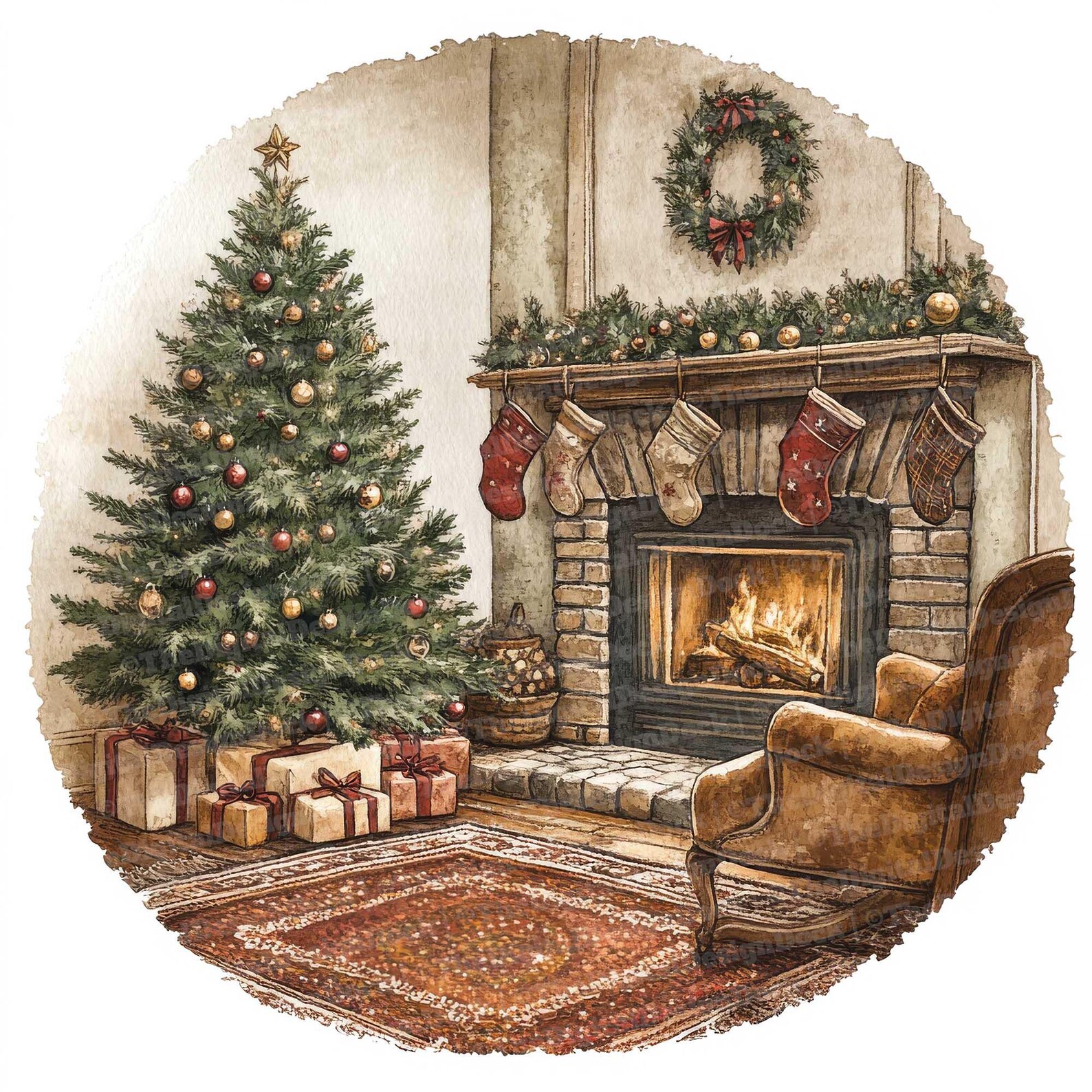 12 Cozy Christmas Scene Clipart, Watercolor Holiday Fireplace ...