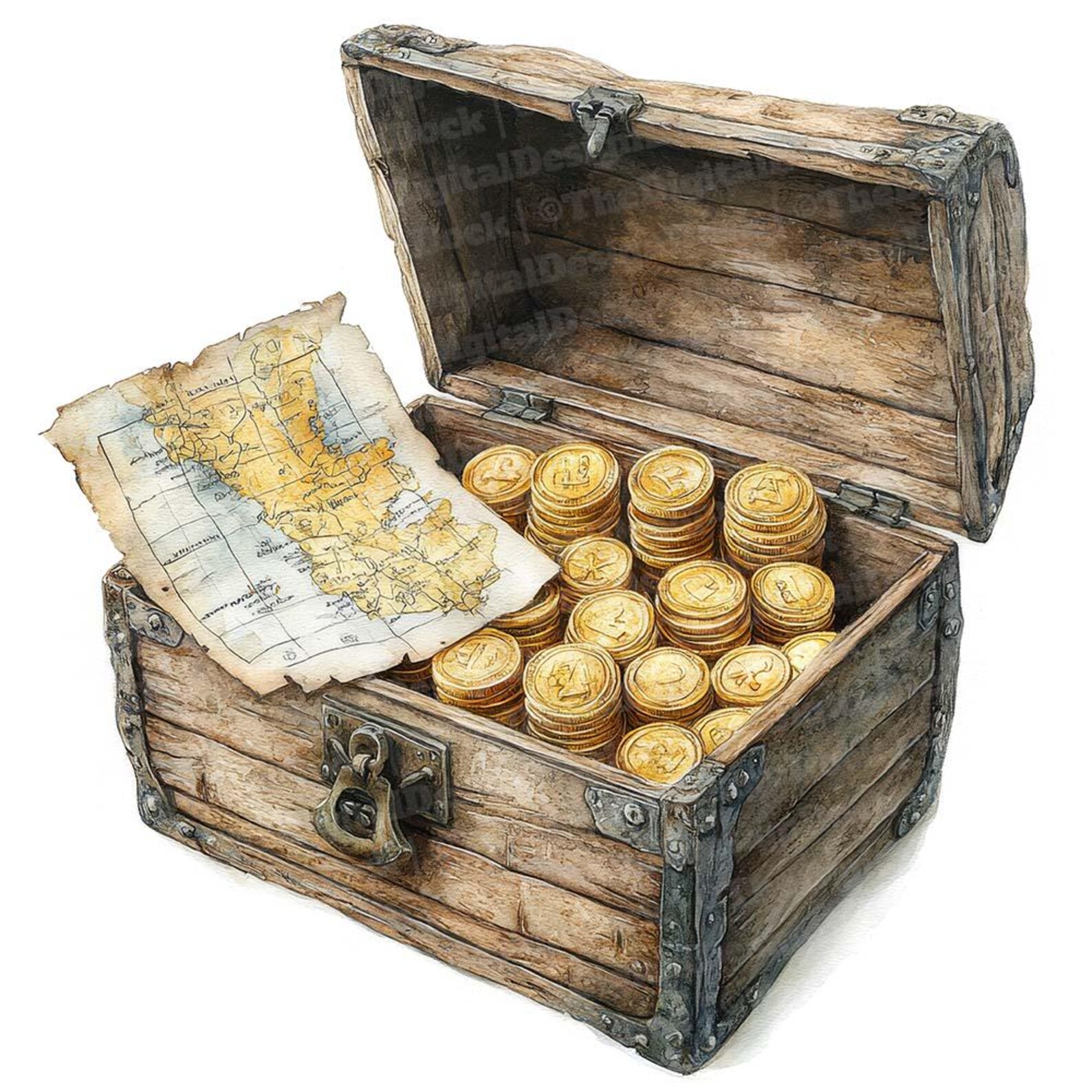 Treasure Map Chest Clip Art, 12x Gold Coins Maps Clipart Set, Printable ...