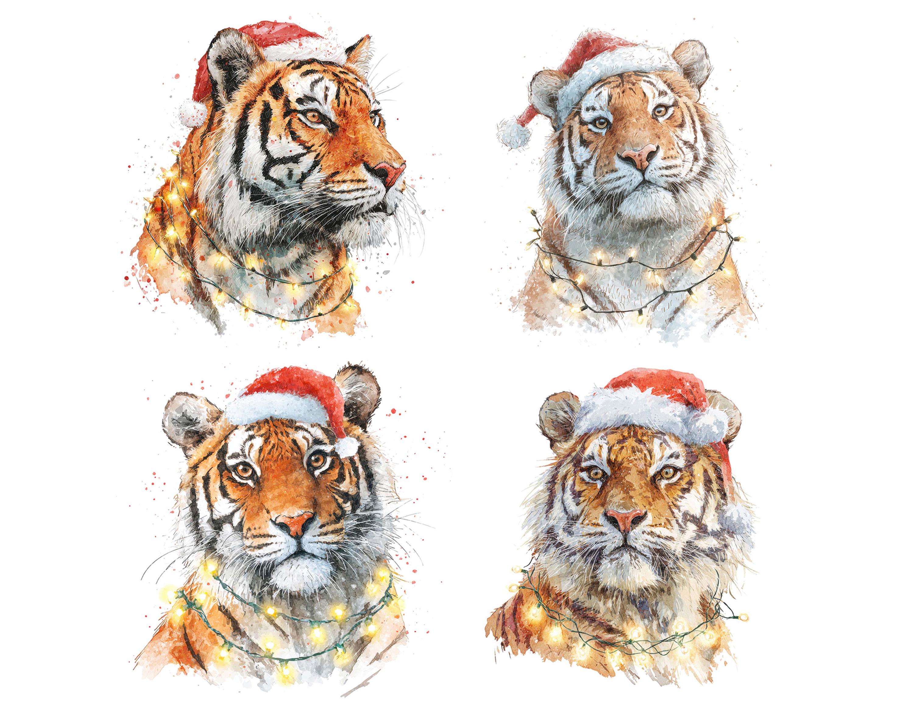 Christmas Tiger Clipart, 12x Santa Hat Tigers PNG, Printable Watercolor ...
