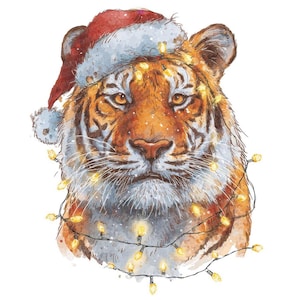 Christmas Tiger Clipart, 12x Santa Hat Tigers PNG, Printable Watercolor ...