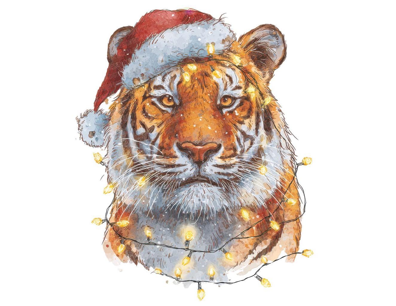 Christmas Tiger Clipart, 12x Santa Hat Tigers PNG, Printable Watercolor ...