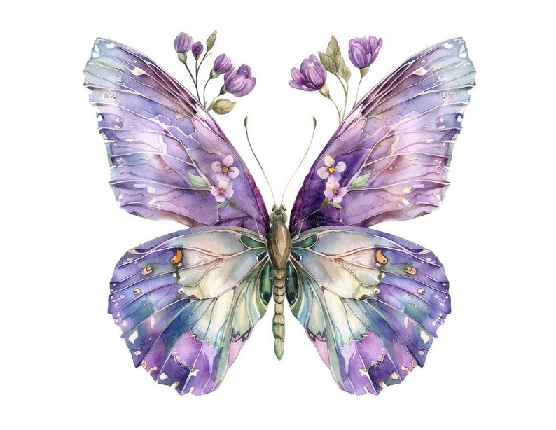 Purple Butterfly PNG Clipart, 12x Floral Insect Clip Art Set, Printable ...