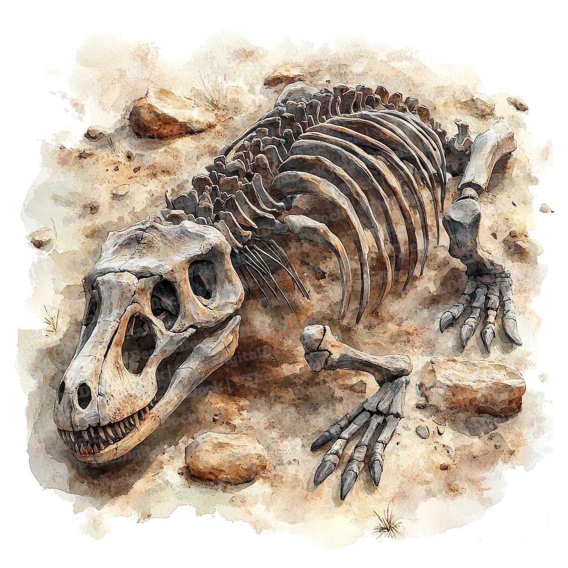12 Dinosaur Fossil Clipart, Watercolor Prehistoric Skeleton, Printable ...