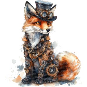 12x Steampunk Fox Clipart, Watercolor Mechanical Animal, High Quality ...