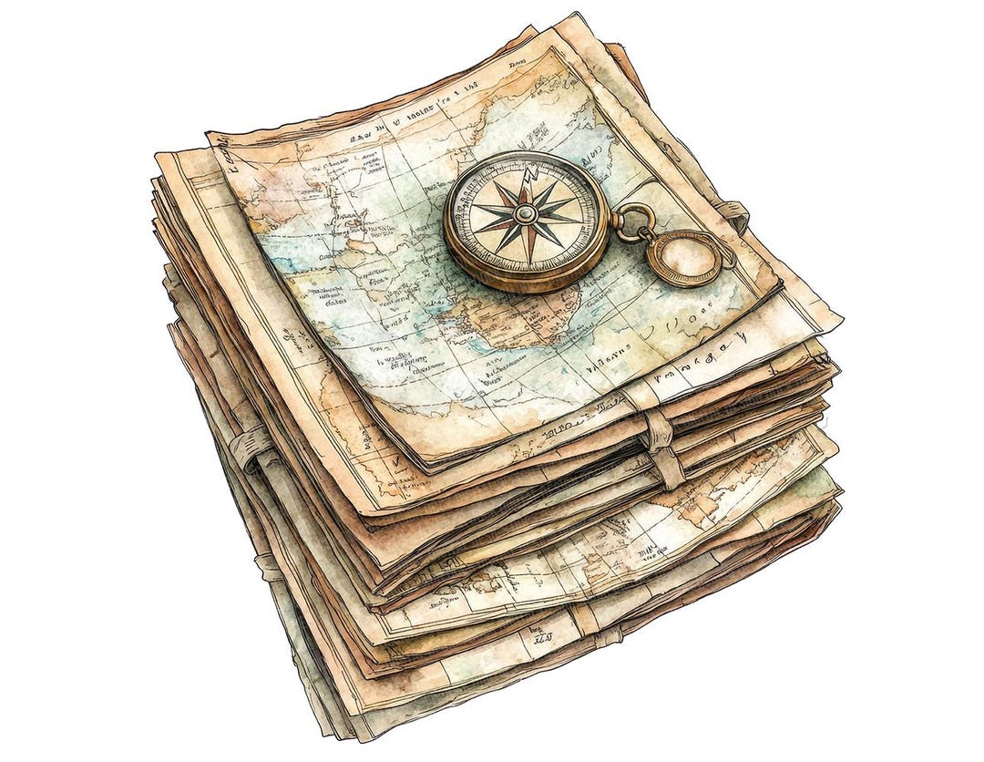Vintage Map PNG Clipart, 12x Compass and Map Stack Clip Art Set ...