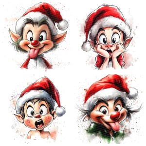 Cheeky Christmas Elf Clip Art, 12x Santa Hat Elf PNG Set, Watercolor ...