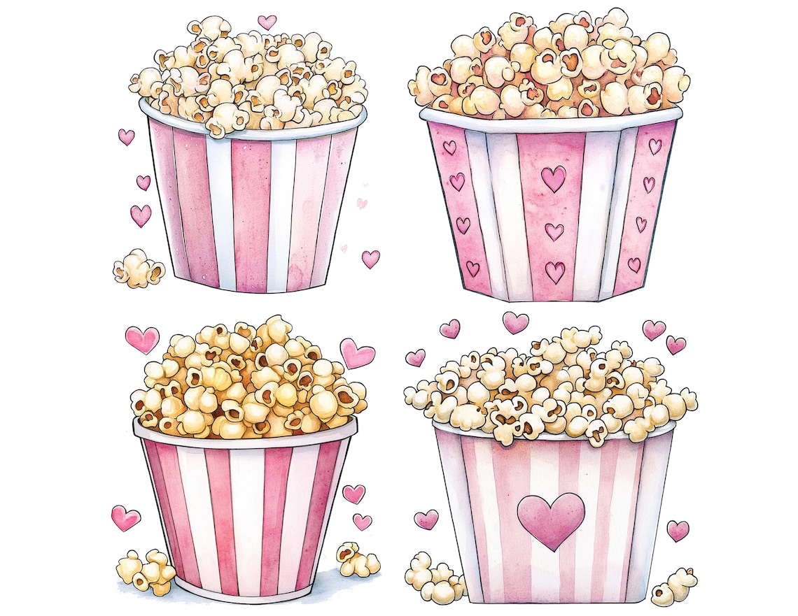 12x Watercolor Popcorn PNG Clipart, Movie Date Night Snack Clip Art ...
