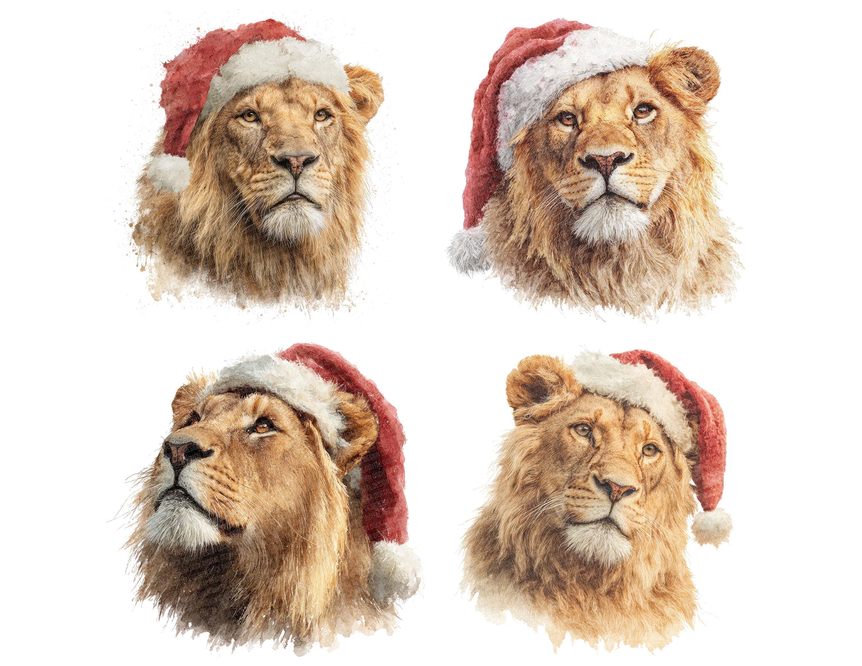 Lion Christmas Clipart, 12x Santa Hat Lion PNG Clip Art Set, Printable ...