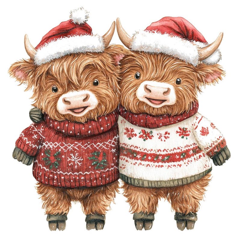 12 Hugging Highland Cow Christmas PNG Clipart, Holiday Cow Couple ...