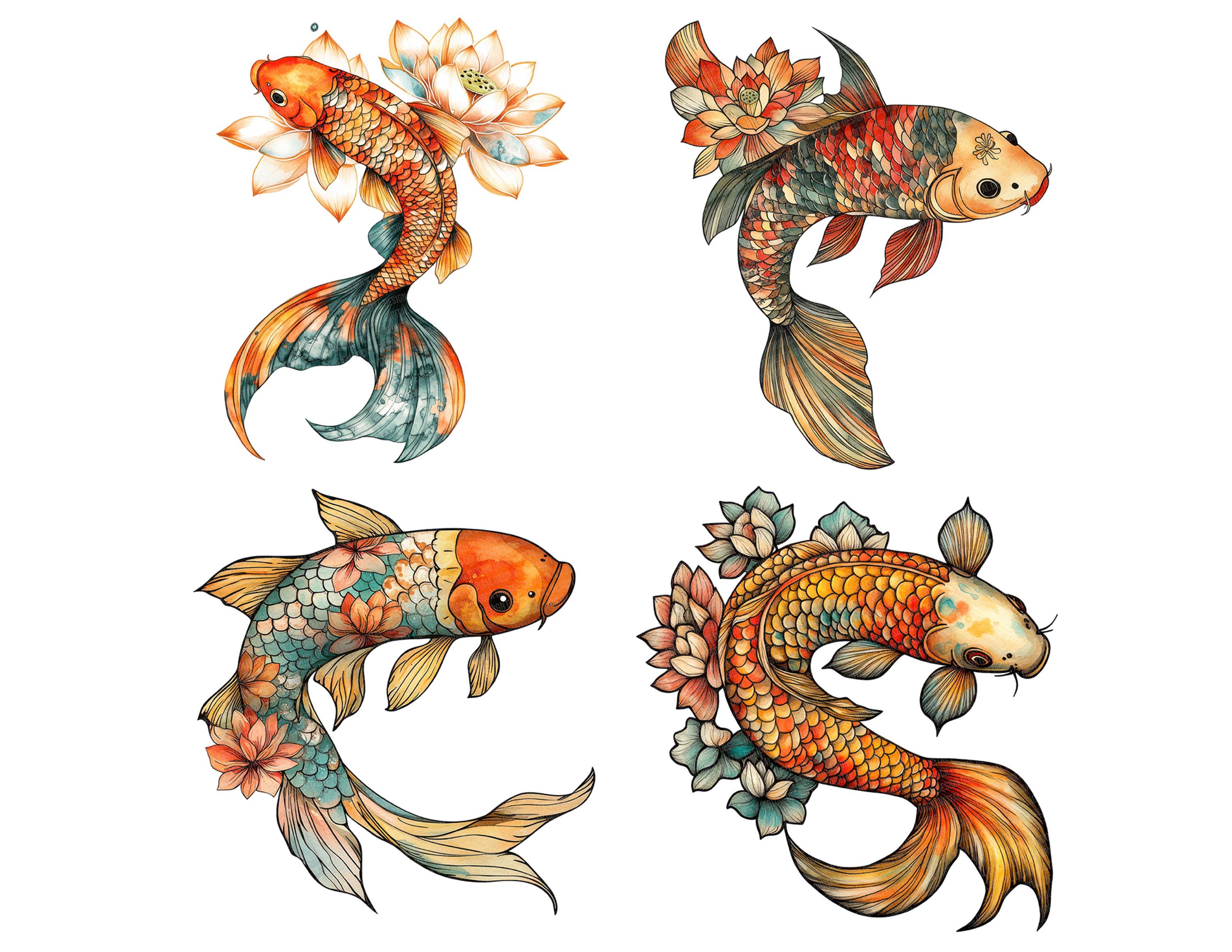Folk Koi Fish Clip Art, 12x Koi With Lotus PNG Clipart Set, Watercolor ...