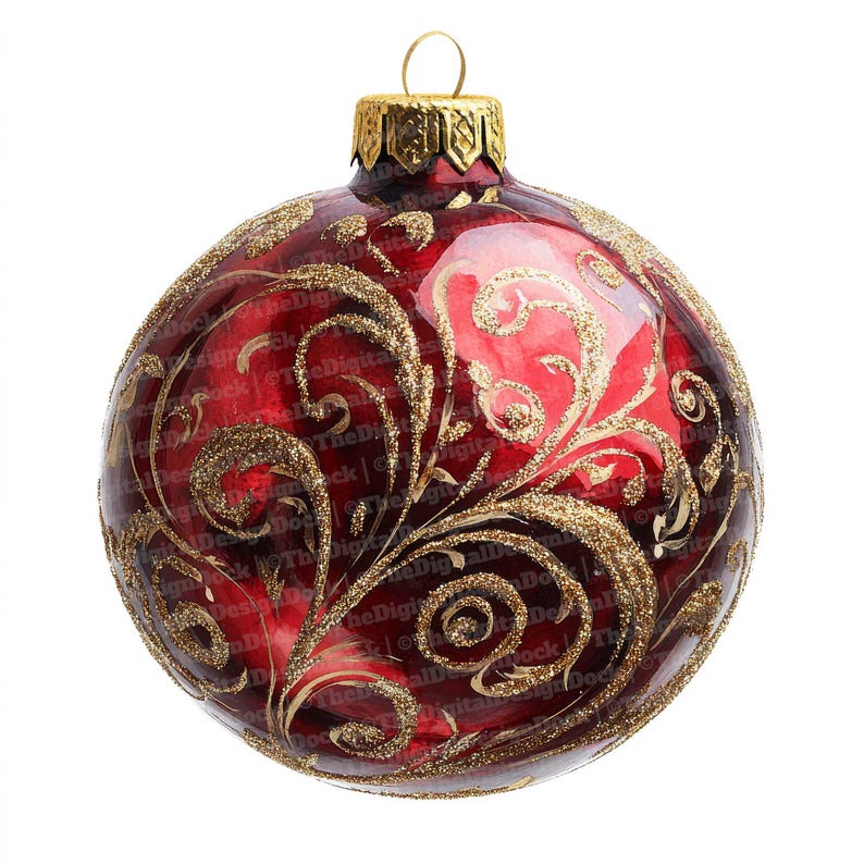 12 Red Christmas Ornament Clipart, Watercolor Baubles With Gold Swirls ...