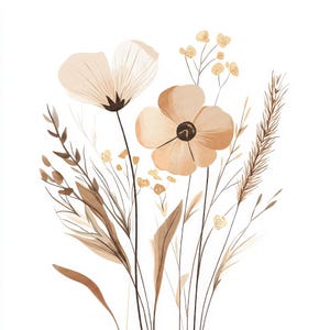 Boho Floral PNG Clip Art, 12x Neutral Flower Clipart Set, Watercolor ...