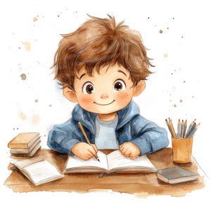 12 School Boy Clipart, Watercolor Studying Child, Cute Classroom Art ...
