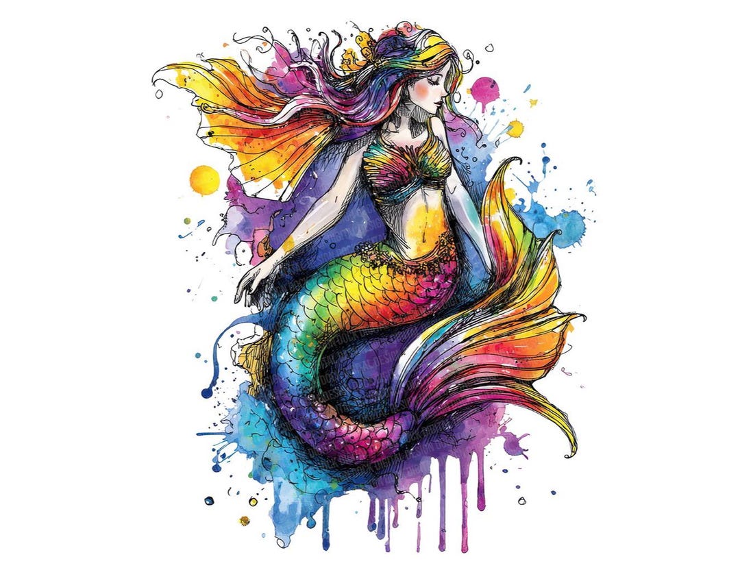 Neon Mermaid PNG Clipart, 12x Watercolor Mermaid Art Set, Printable ...