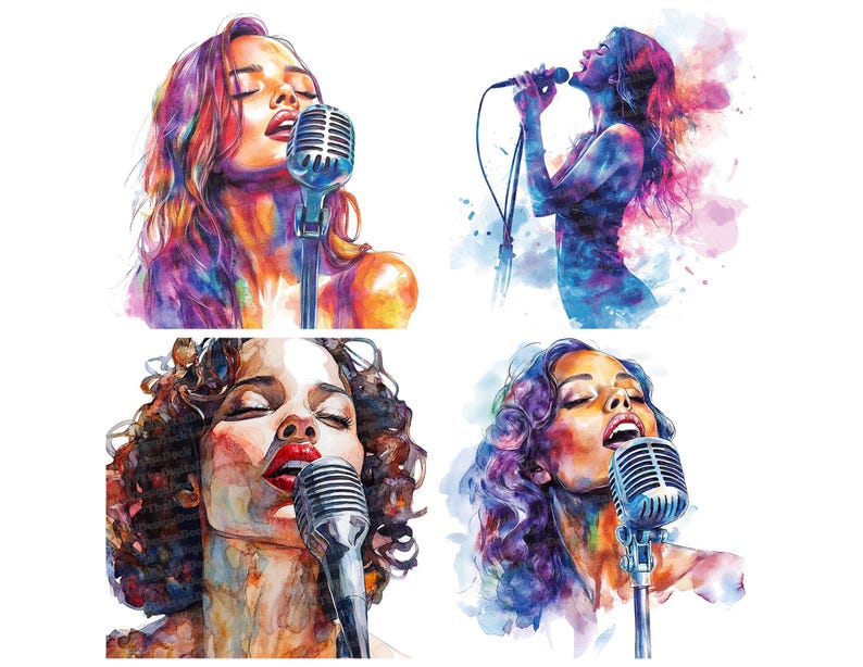 Singer Clip Art, 12x Watercolor Woman Singing Clipart Set, Printable ...