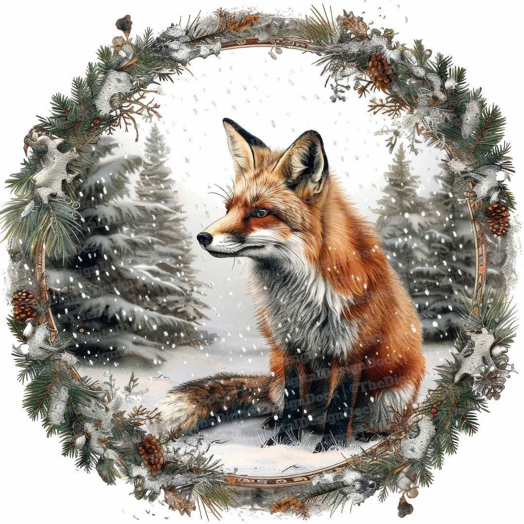 12x Vintage Fox Clipart, Snowy Winter Fox Clipart, Printable Watercolor ...