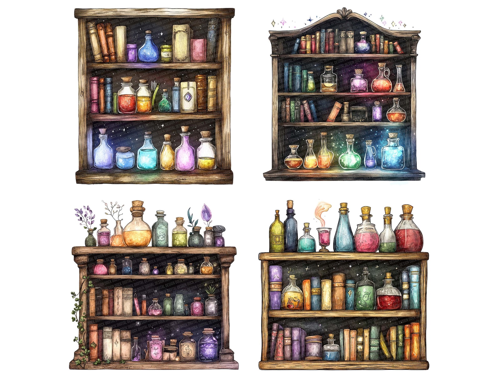 Potion Shelf PNG Clipart, 12x Watercolor Magic Bookshelf Clip Art Set ...