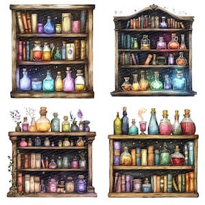 Potion Shelf PNG Clipart, 12x Watercolor Magic Bookshelf Clip Art Set ...