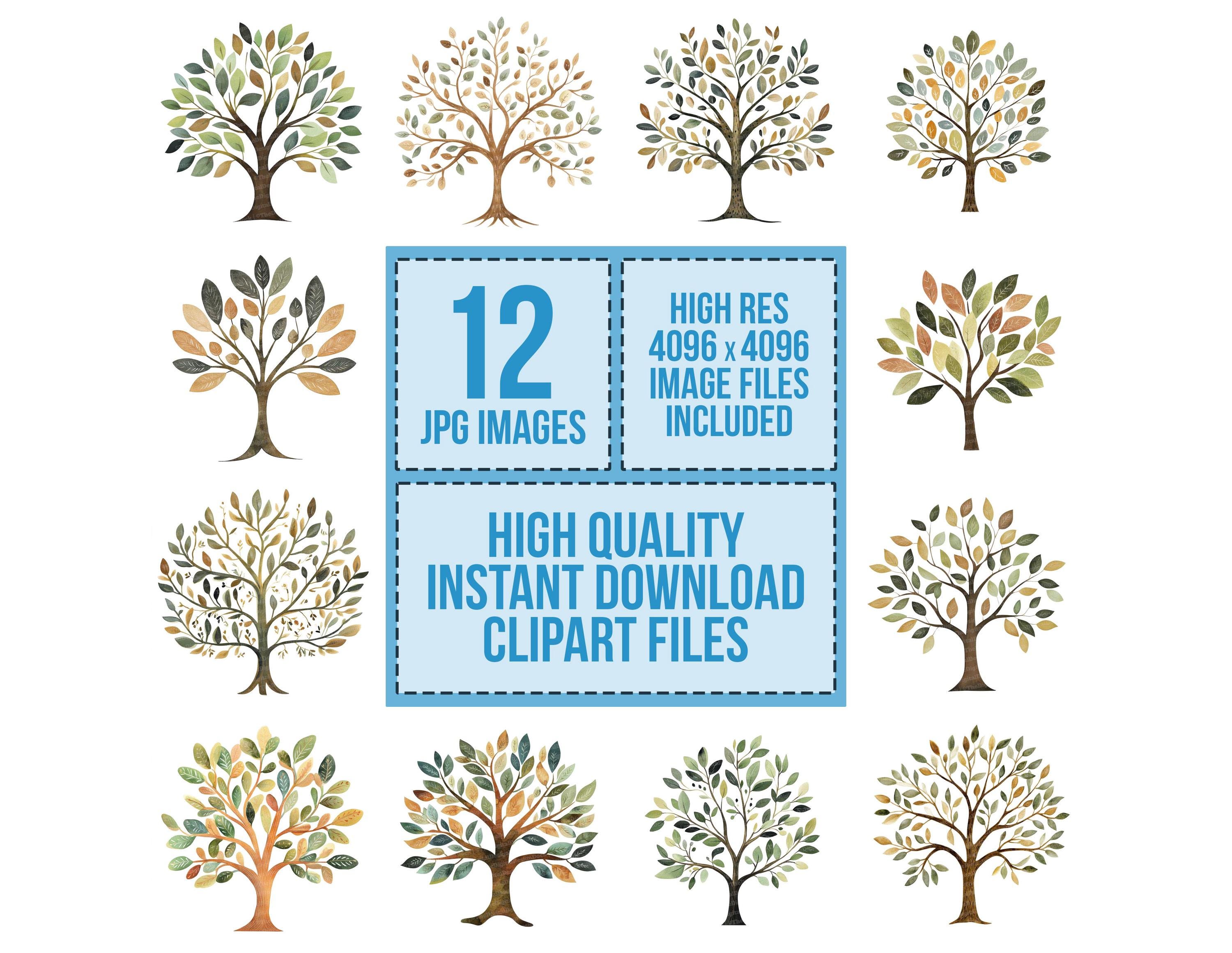 Folk Art Tree Clip Art, 12x Decorative Tree Clipart Set, Watercolor ...