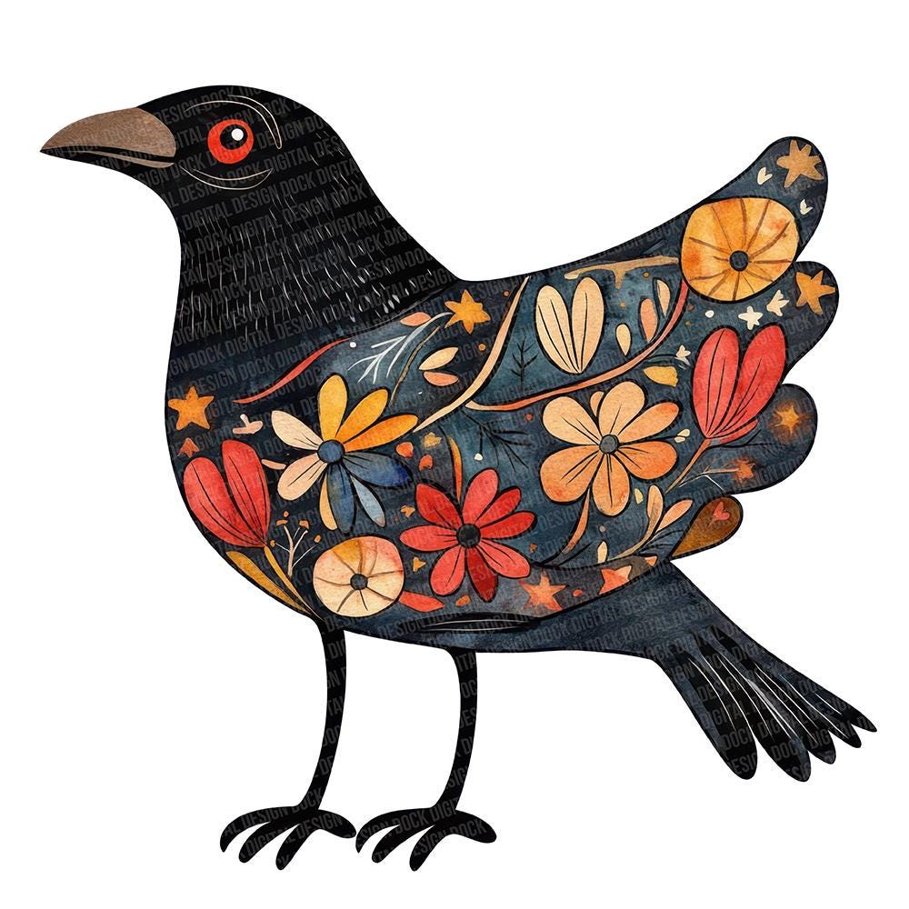 Folk Crow PNG Clipart, 12x Floral Crow Clip Art Set, Printable ...
