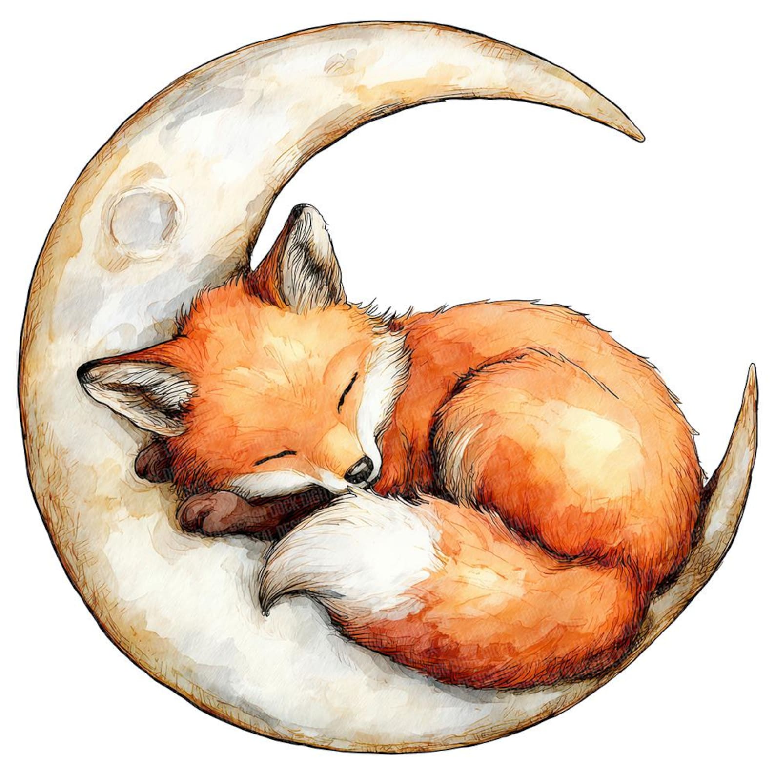 12x Crescent Moon Fox PNG Clipart, Watercolor Sleeping Foxes Clip Art ...
