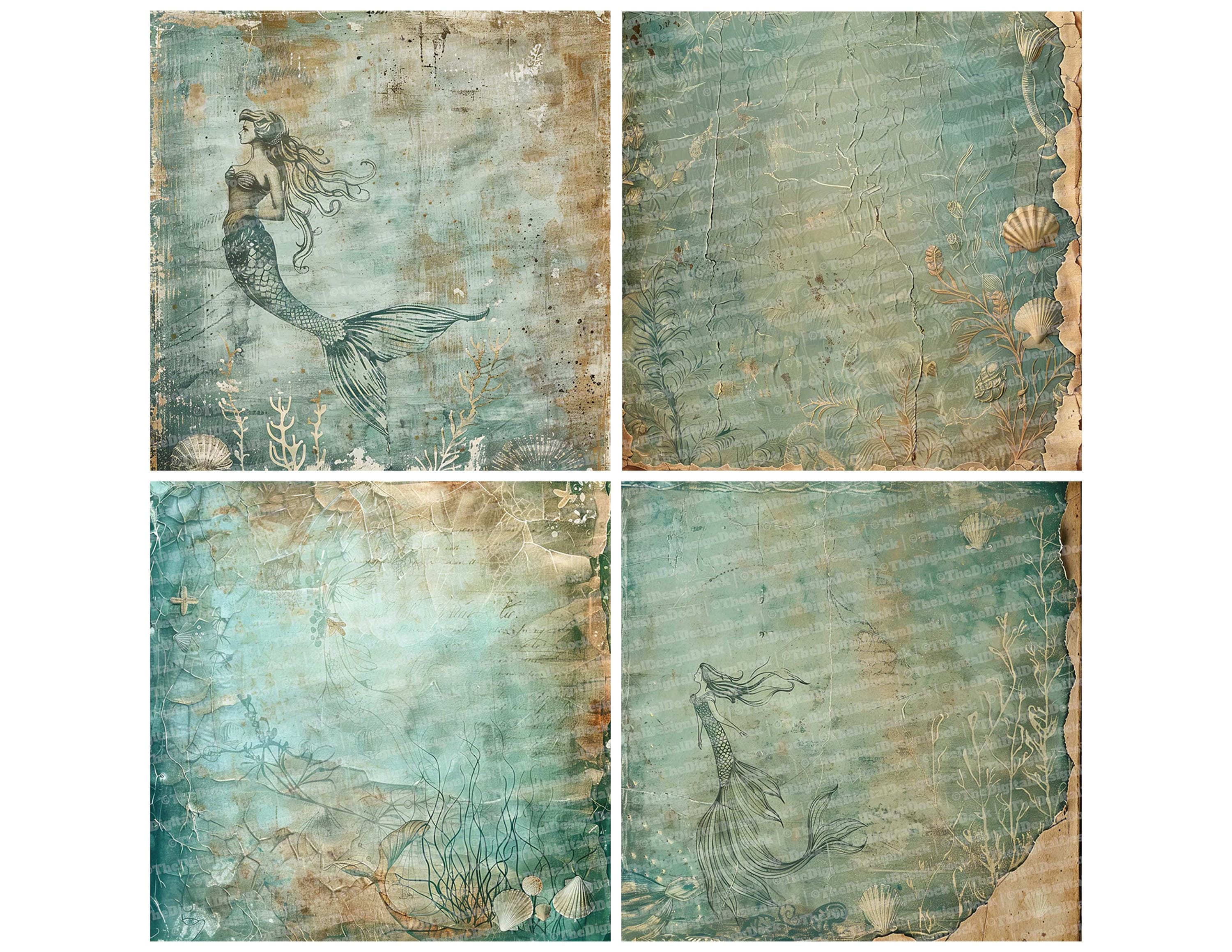 12x Vintage Mermaid Junk Journal Paper, Distressed Nautical Digital ...