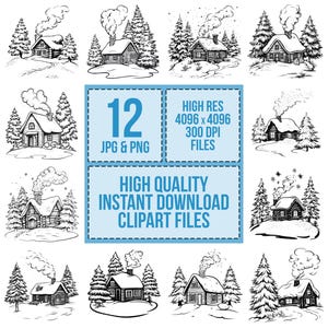 Log Cabin PNG Clipart, 12x Winter Cabin Clip Art Set, Black White ...