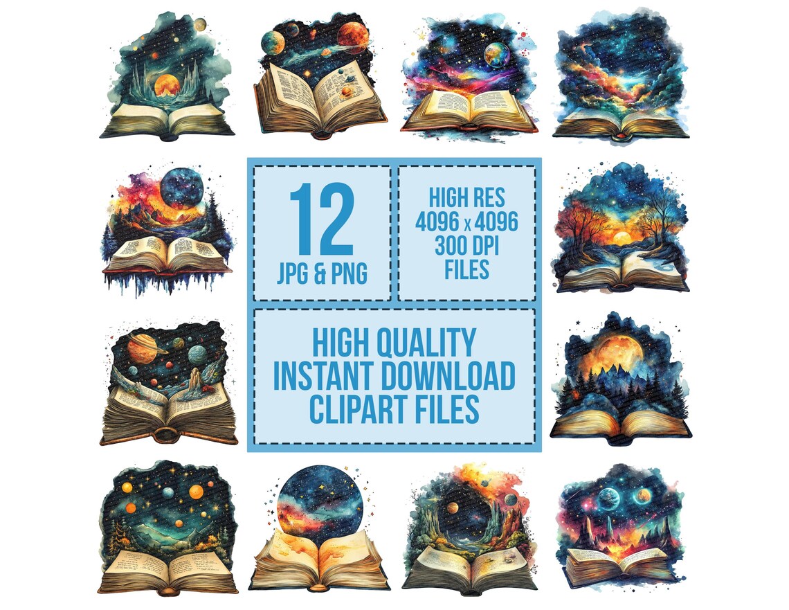 Fantasy Space Book PNG Clipart, 12x Watercolor Cosmic Story Clip Art ...