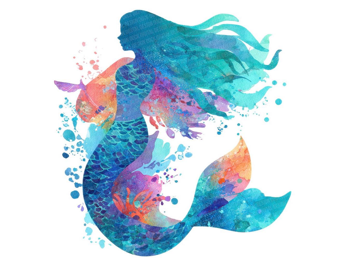 Mermaid PNG Clipart, 12x Splash Ink Mermaid Clip Art Set, Printable ...
