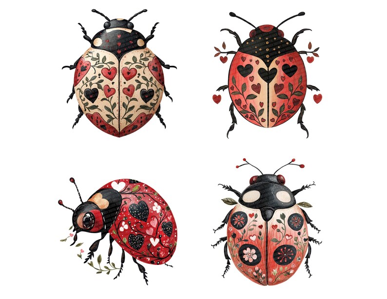 Ladybird PNG Clip Art, 12x Folk Art Ladybug Clipart Set, Floral Heart ...