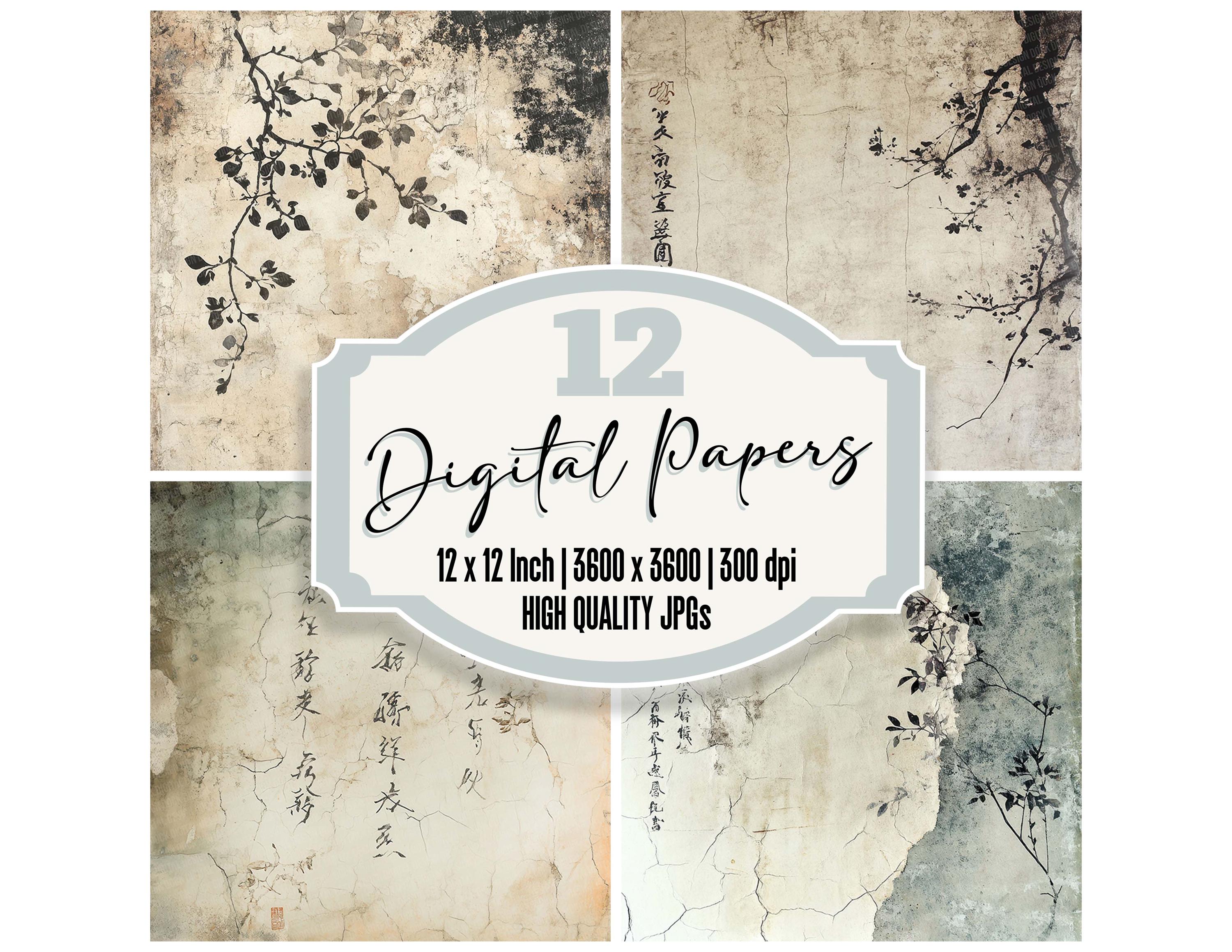 12x Japanese Calligraphy Junk Journal Paper, Vintage Ink Wash ...