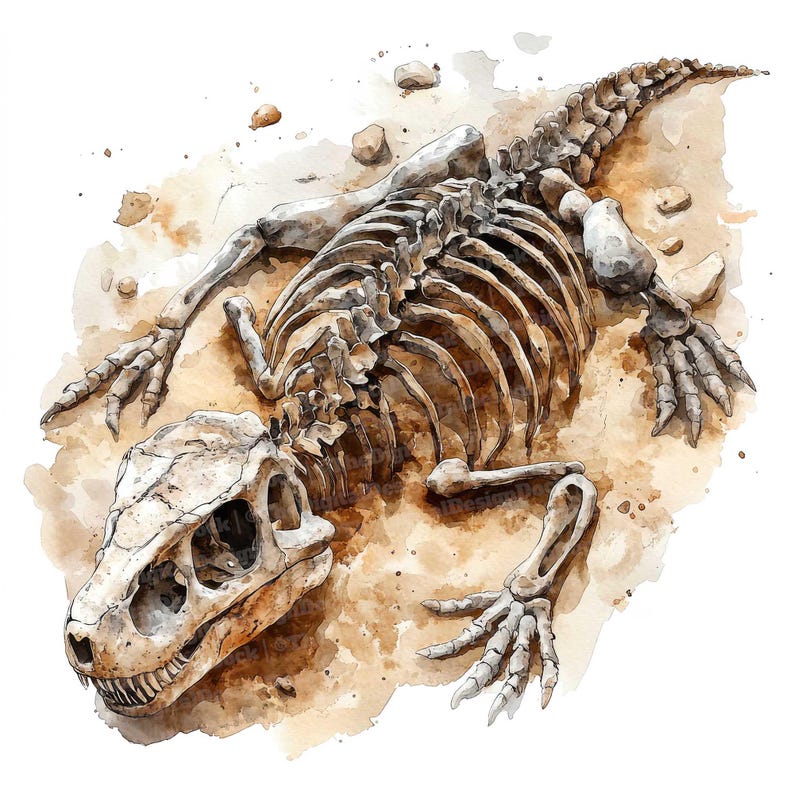 12 Dinosaur Fossil Clipart, Watercolor Prehistoric Skeleton, Printable ...