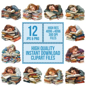 Sleeping Reader PNG Clipart, 12x Woman Asleep on Books Clip Art Set ...