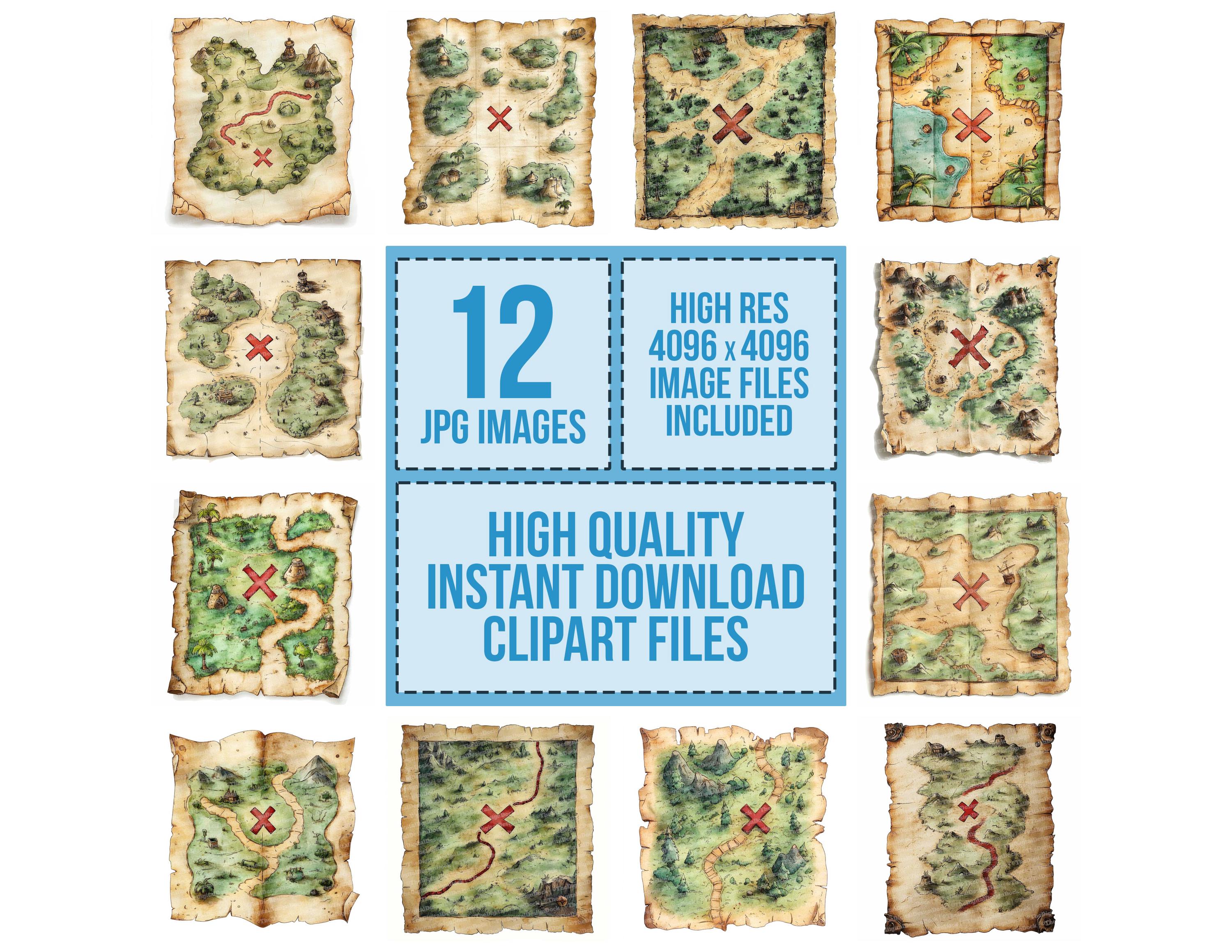 Treasure Map Clip Art, 12x Watercolor Map Clipart Set, Pirate Map Art ...