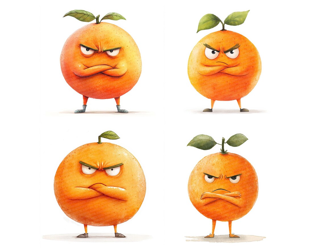 12x Angry Orange PNG Clipart, Watercolor Grumpy Character Citrus PNG ...