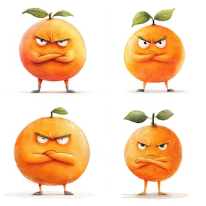 12x Angry Orange PNG Clipart, Watercolor Grumpy Character Citrus PNG ...