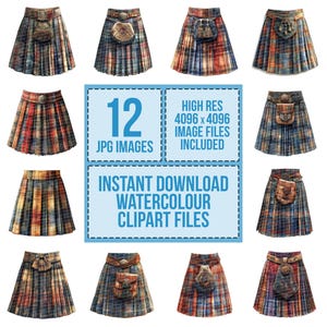 12 Highland Kilt Clipart, Watercolor Scottish Kilt Art, Printable ...