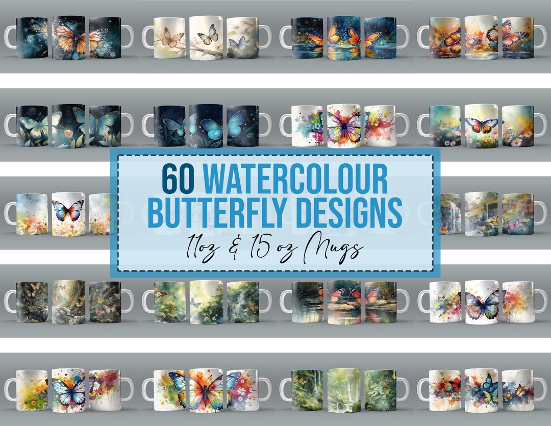 60x Watercolor Butterfly Mug Wraps for 11 Oz 15oz Sublimation Mug Bulk ...