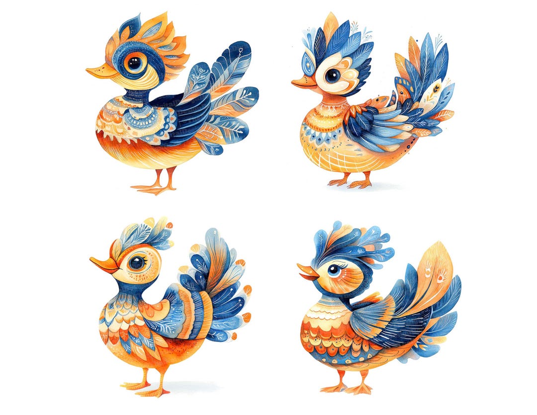 Mandarin Duck Clip Art, 12x Folk Art Duck Clipart Set, Watercolor Bird ...