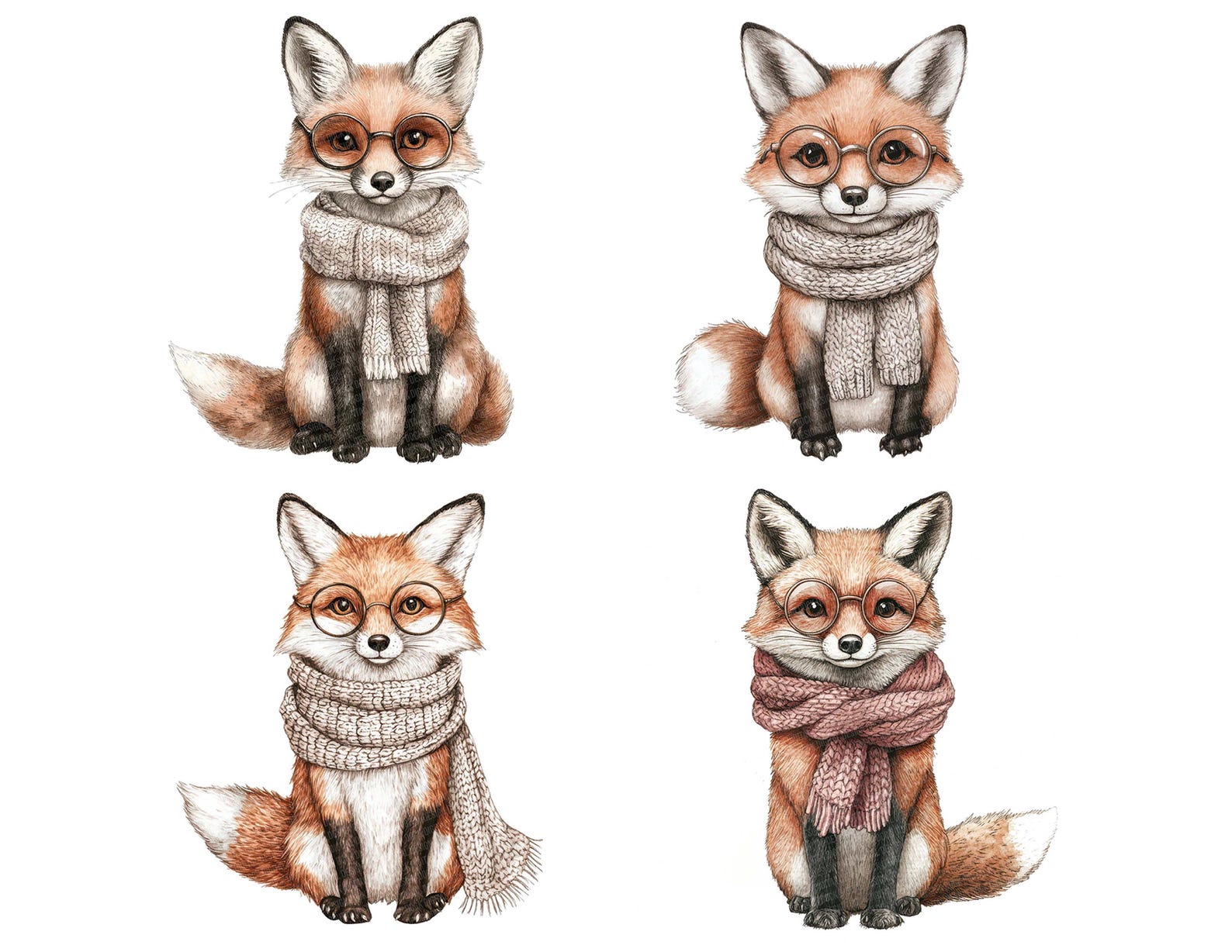 Fox in Scarf and Glasses PNG Clip Art, 12x Winter Fox Clipart Set ...