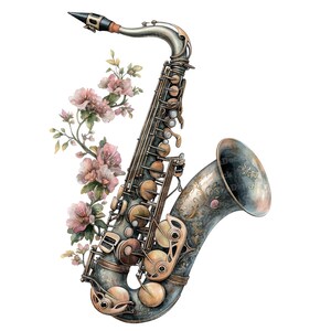12x Floral Saxophone Clipart, Floral Music Clipart, Printable ...
