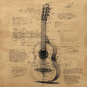 12 Guitar Digital Paper Vintage Junk Journal Paper Musical Sketch High ...